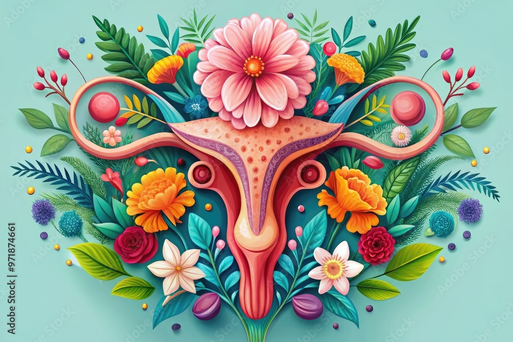 Colorful, stylized illustration of a uterus with fallopian tubes and ...