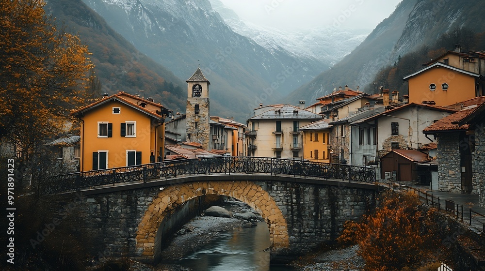 Scenic alpine village in Pordenone Italy Arc bridge and old houses on ...