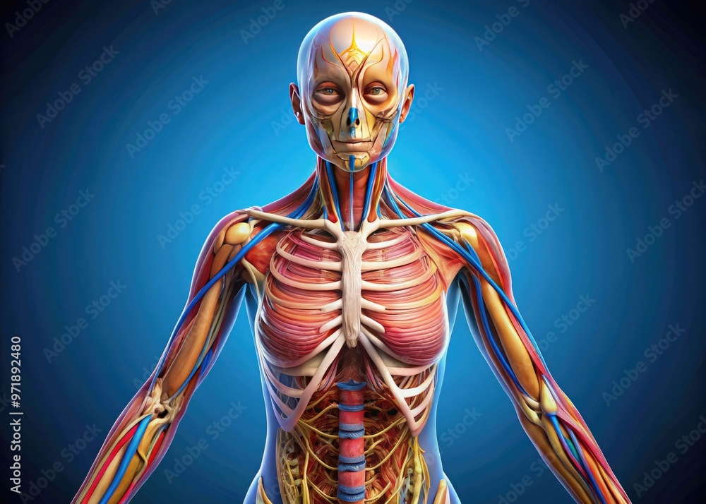 Illustrated anatomical diagram showcasing the internal organs and ...