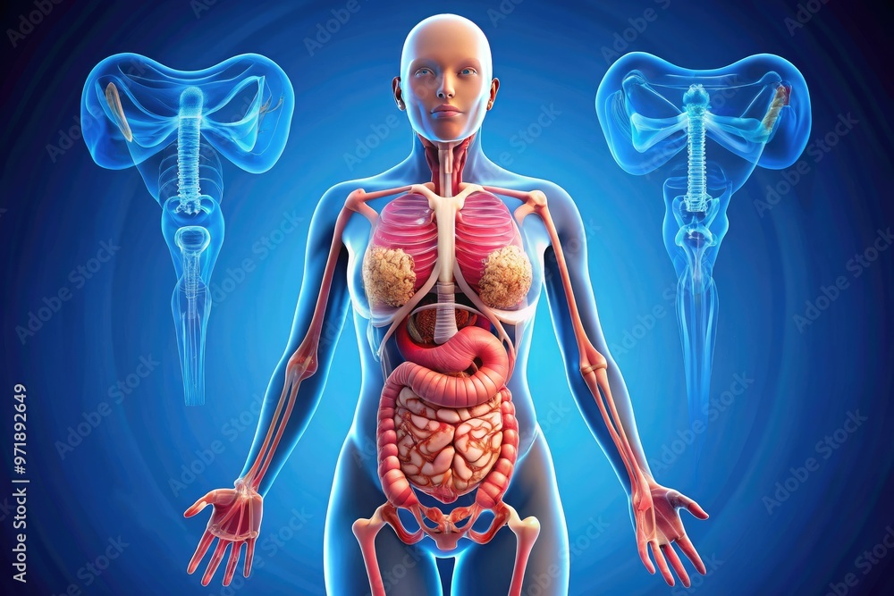 Illustration of a female human body's internal organs, showcasing the ...