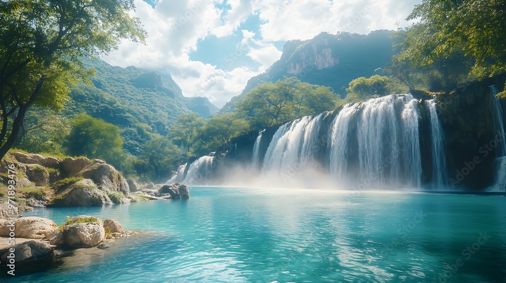 Natural landscape with turquoisecolored water and the monumental Tamul ...