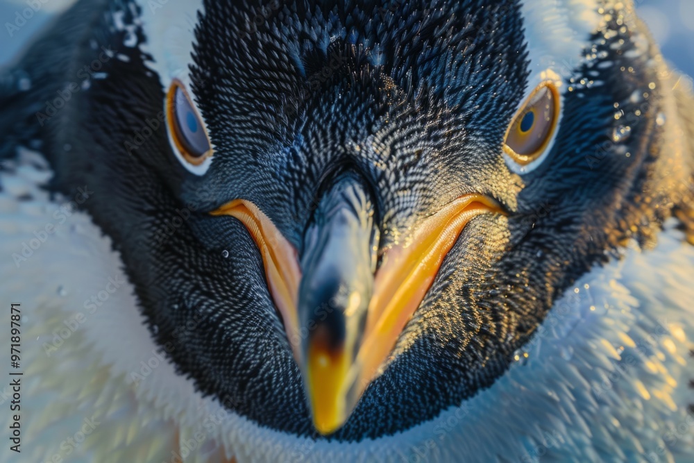 A close-up of a penguin's face, showcasing its inquisitive eyes, yellow ...