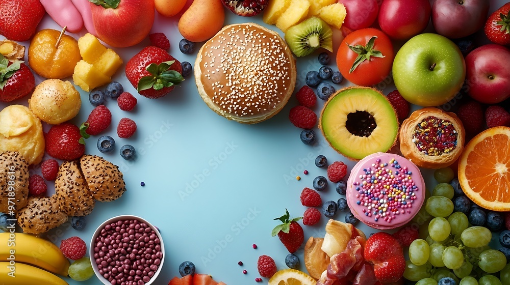 Healthy and unhealthy food background from fruits and vegetables vs ...