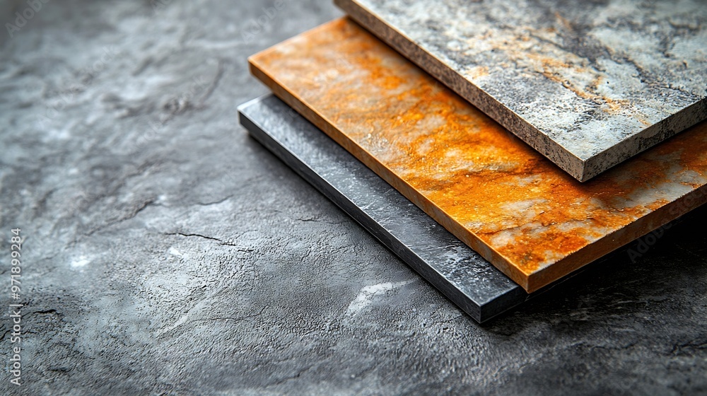 Porcelain three stoneware square samples laid on kitchen countertop ...