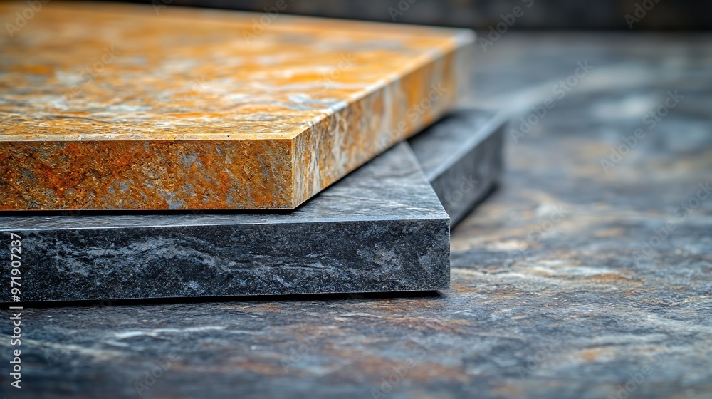 Porcelain three stoneware square samples laid on kitchen countertop ...