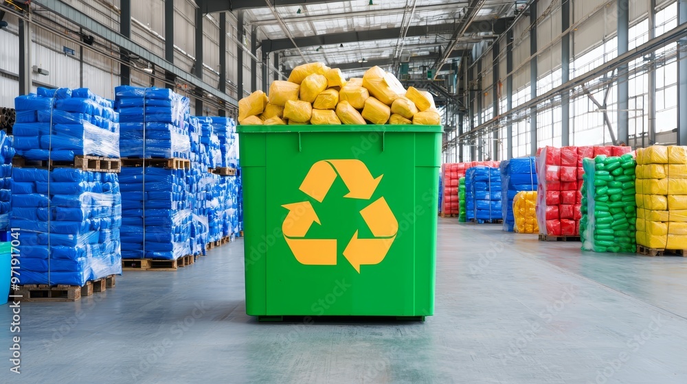 Recycling bin in an industrial warehouse surrounded by stacks of ...