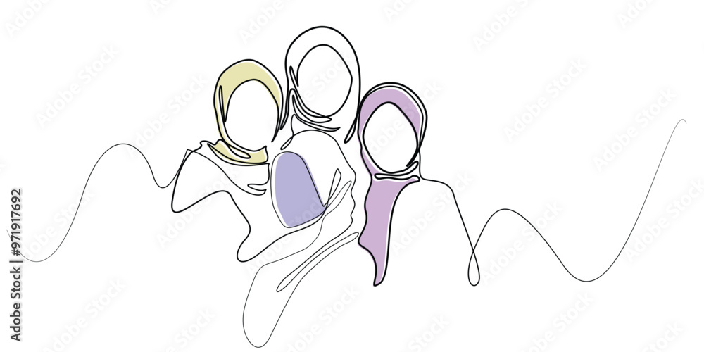 one line drawing portrait of muslim women friendship.line art group of ...