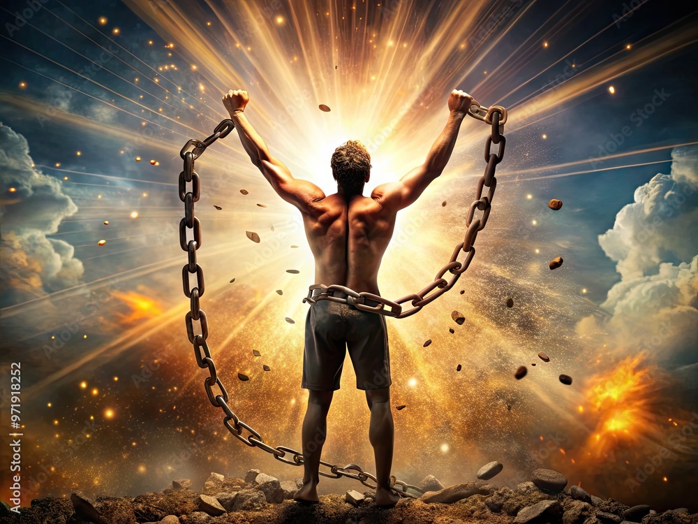 Strong, determined figure bursts free from rusted shackles, liberating ...