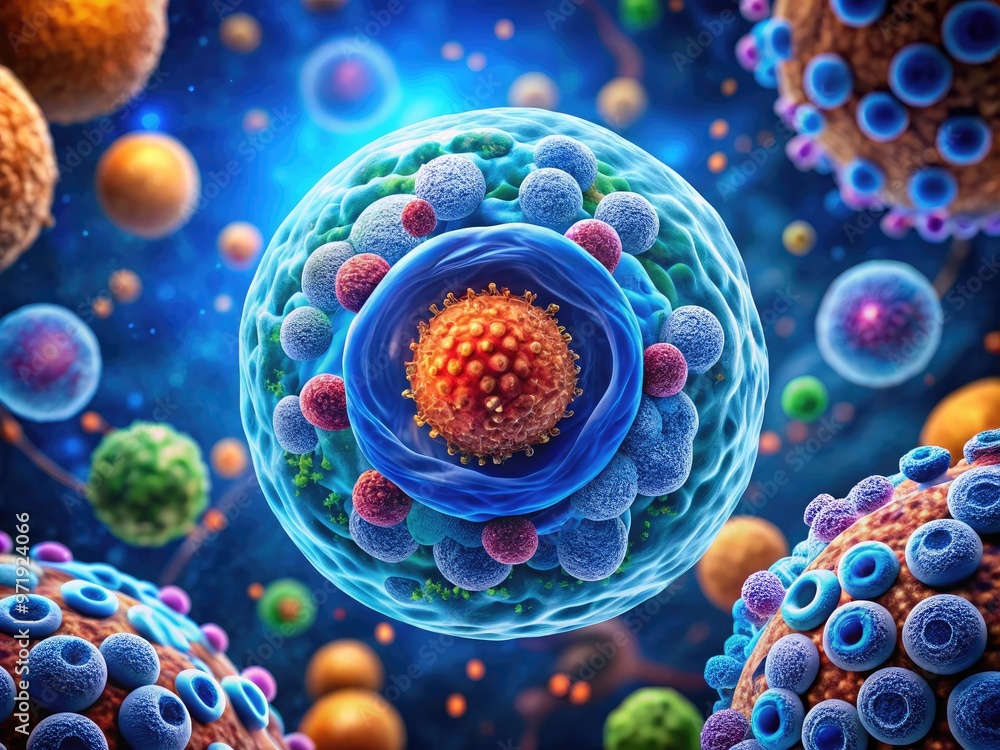 Vibrant blue nucleolus, a dynamic RNA-rich region, occupies the center ...