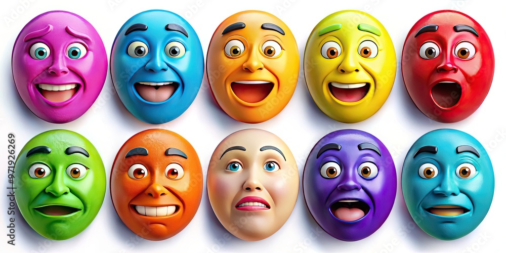 Vibrant colorful emotive faces with diverse expressions and emotions ...