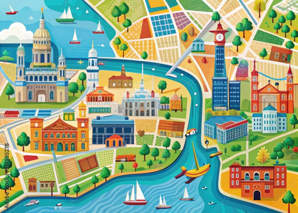Vibrant illustrated map of Dublin, Ireland, showcasing iconic landmarks ...