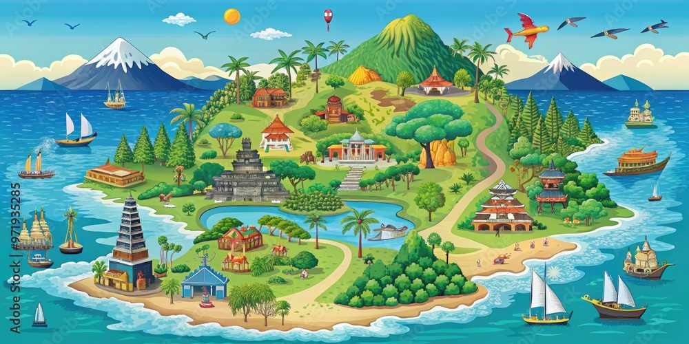 Vibrant illustrated map of Bali, Indonesia, showcasing beaches, temples ...