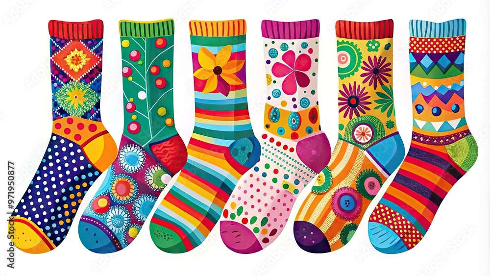 Vibrant whimsical illustration of colorful mismatched socks with unique ...