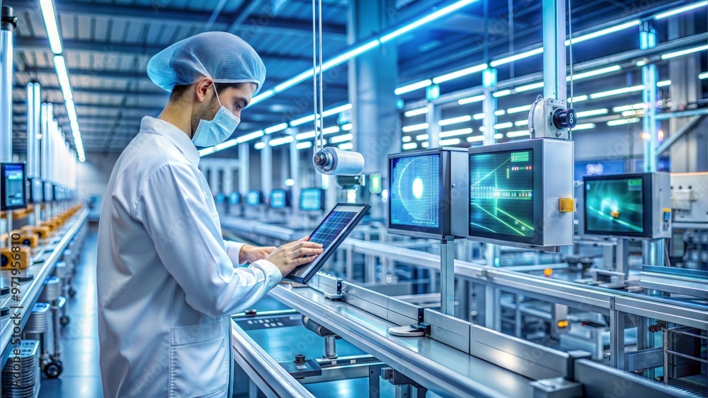 Factory worker using advanced sensors to inspect product quality on an ...