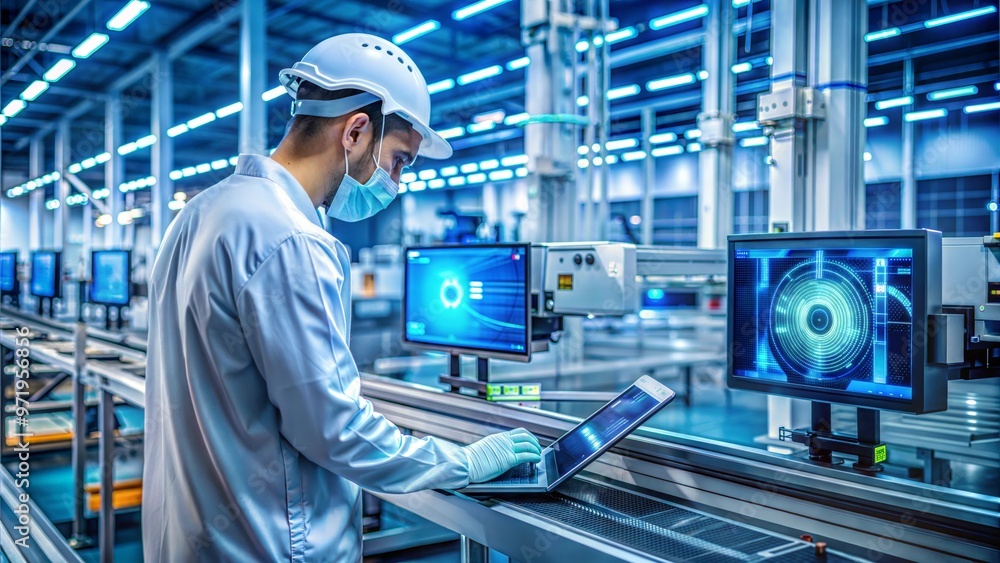 Factory worker using advanced sensors to inspect product quality on an ...