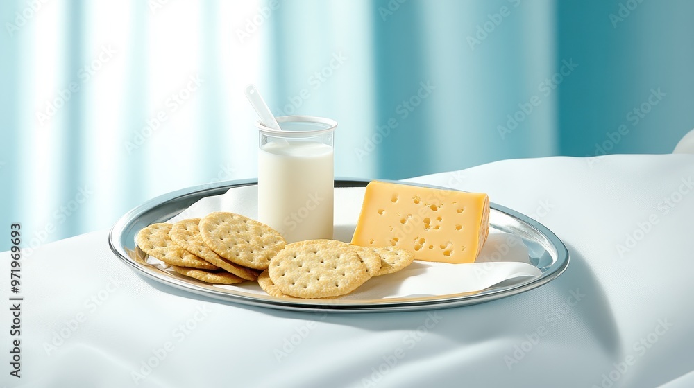 hospital snack tray, featuring crackers, cheese, and a small carton of ...