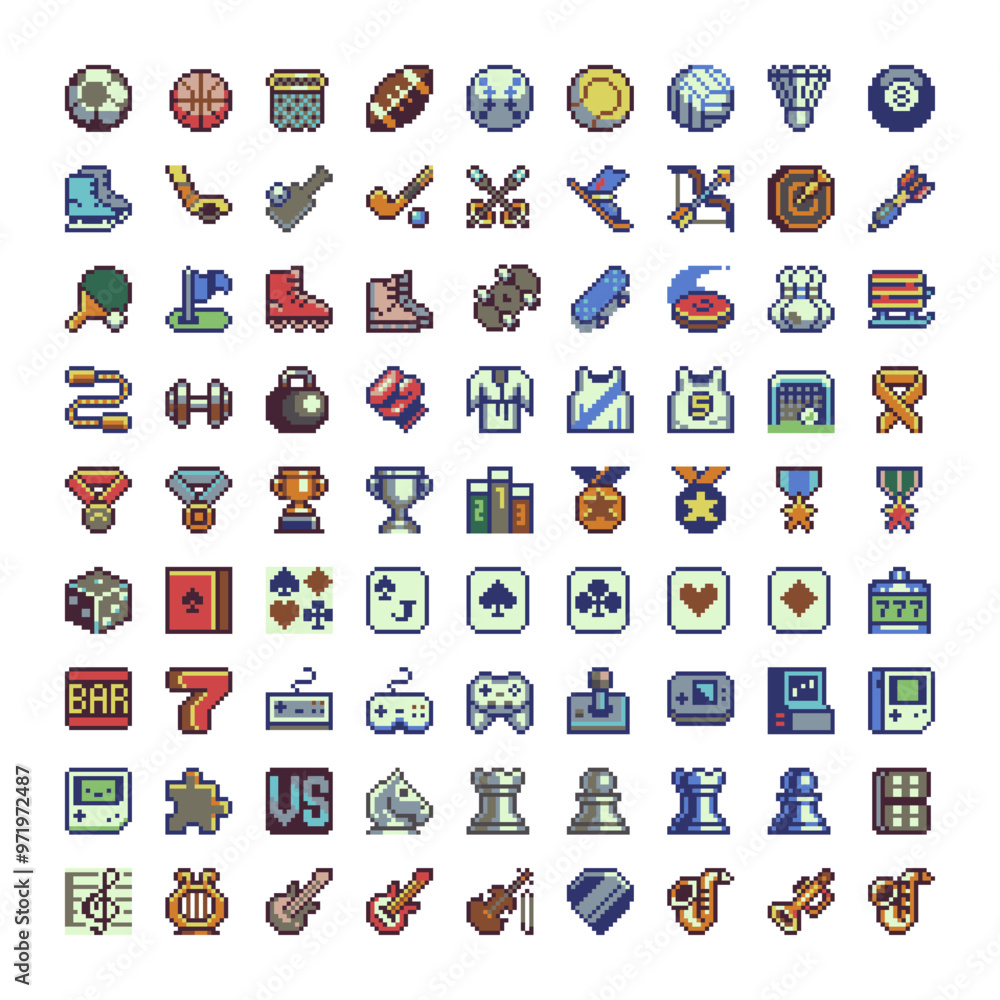 Pixel art sport app icons big set, game board activity emoji. 8-bit ...