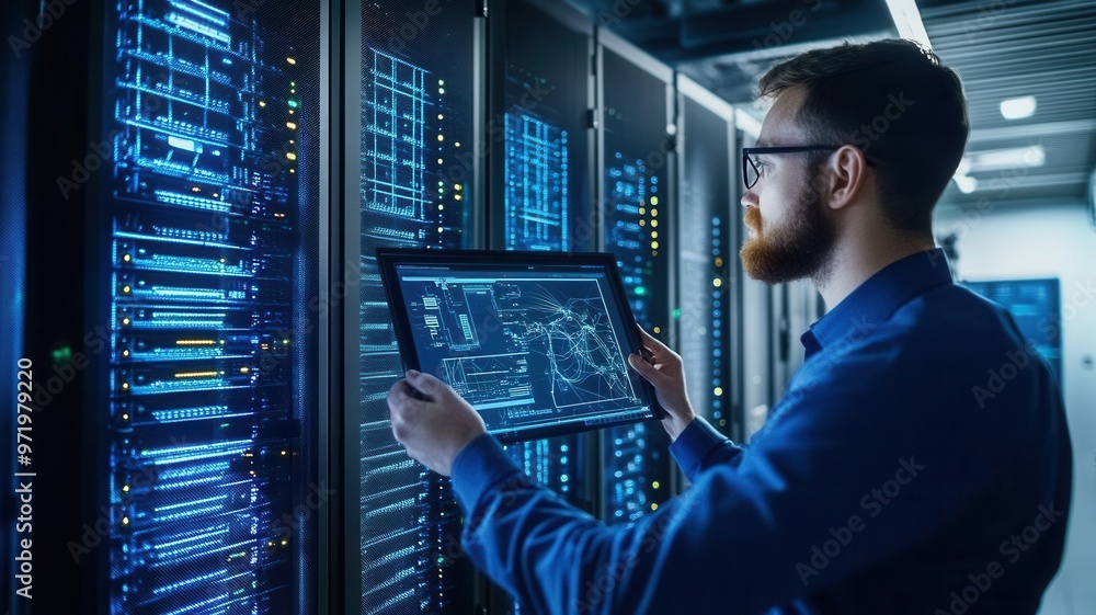 IT professional creating redundancy systems in a high-tech server room ... IT professional creating redundancy systems in a high-tech server room ...