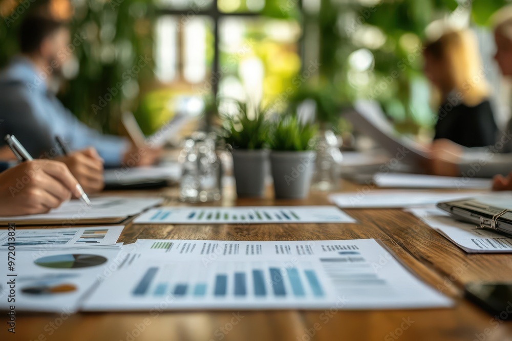 Team passing around paper reports on ethical investing and ESG ...