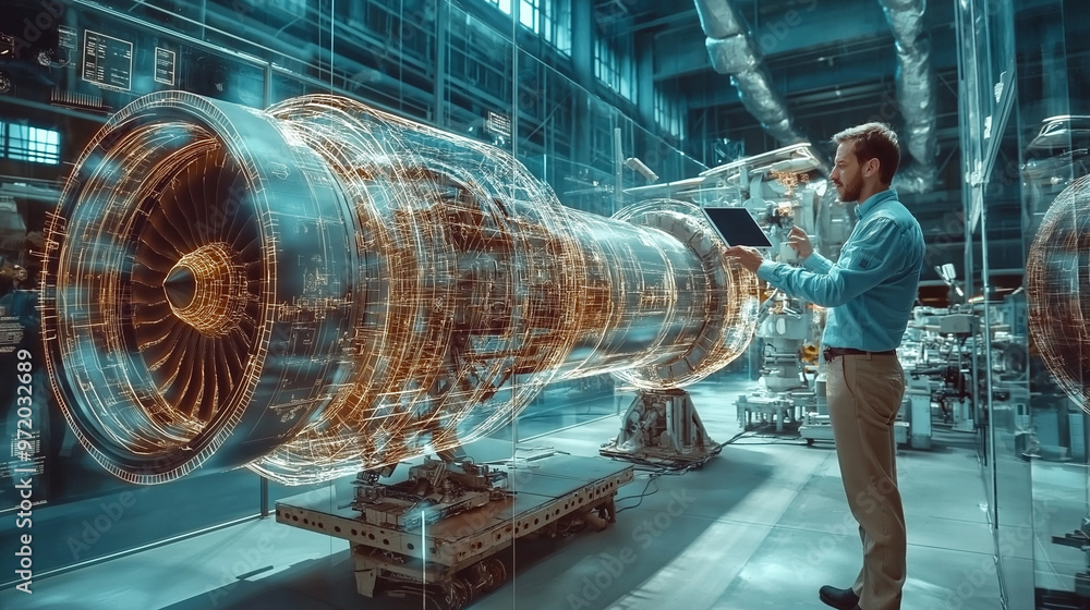 Hologram technology in aircraft design. An engineer uses augmented ...