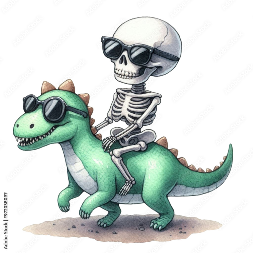 Cute skeleton ghost riding on a dinosaur's back clipart watercolor ...