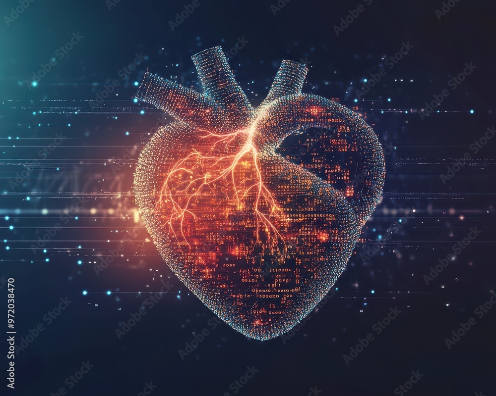 Anatomical heart with digital veins transforming into binary code ...