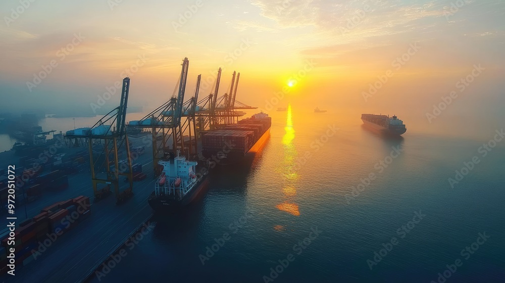 An aerial view of a busy container port at sunrise, with large cargo ships docked and cranes ...