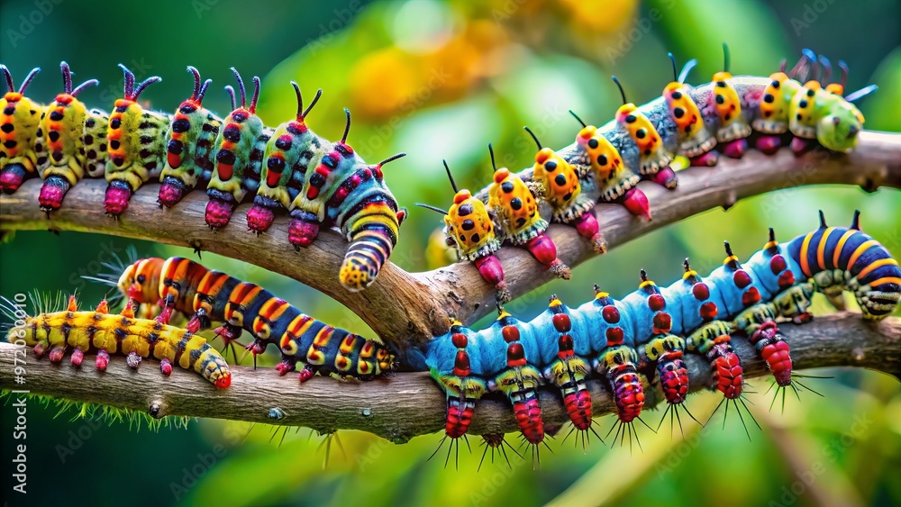 Tiny, vibrant caterpillars restlessly move along the leafy branch ...