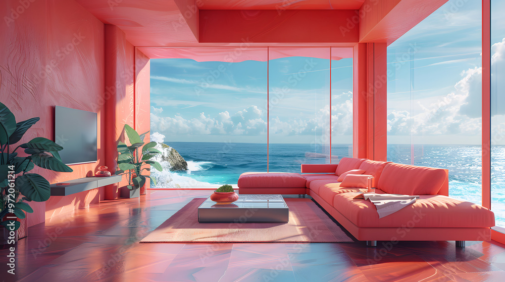 Modern hi-tech living room interior in coral tones with a panoramic ...