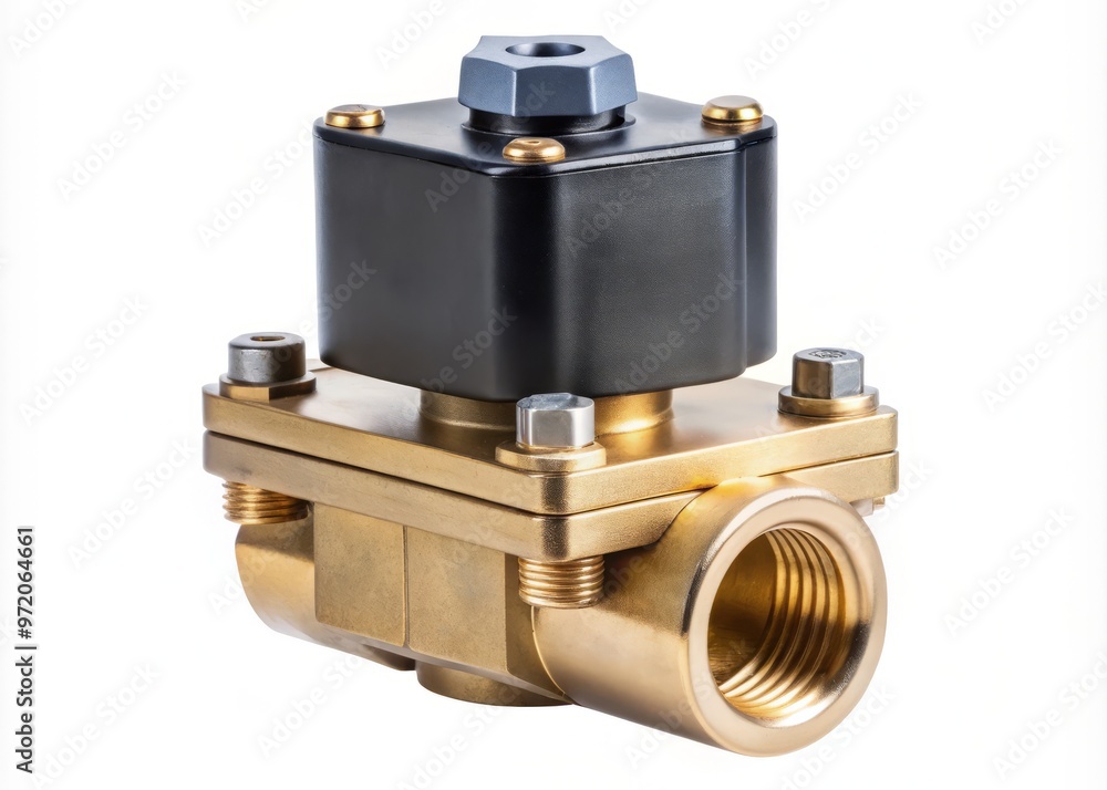 A compact solenoid valve with a rectangular body, cylindrical stem, and ...