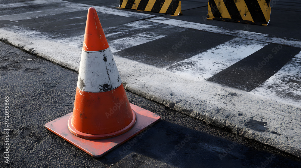 A traffic cone placed next to or behind road barricades, adding more ...