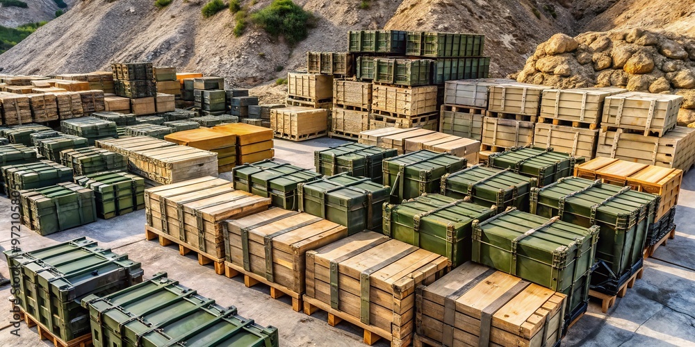 Amidst rugged terrain, stacked ammunition boxes, crates, and wooden ...