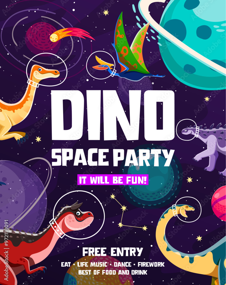 Space dino part flyer, dinosaur astronauts. Vector festive, vibrant and ...