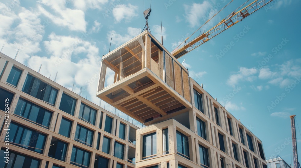 Wooden building module is raised by a crane and placed into the ...