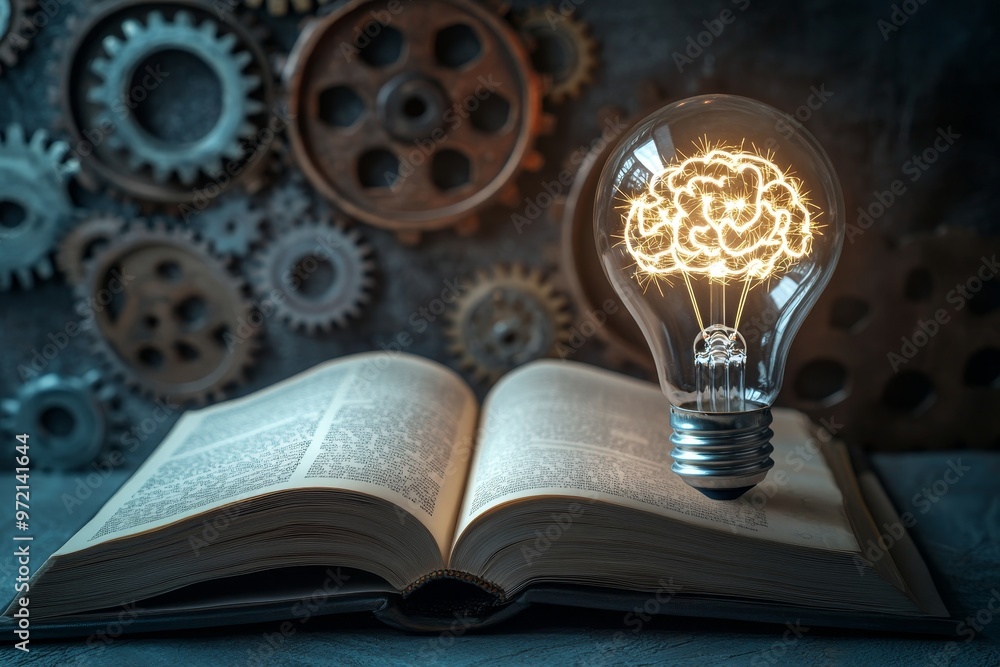 Innovative concept of knowledge light bulb and brain on open book with gears background Stock ...