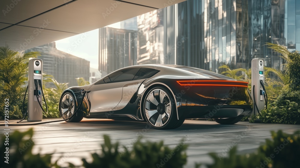 Innovative electric car connected to charging station with future ...