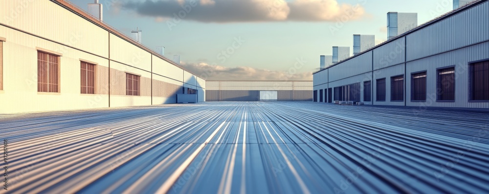 Modern Industrial Metal Roofing on Factory Building - 3D Illustration ...