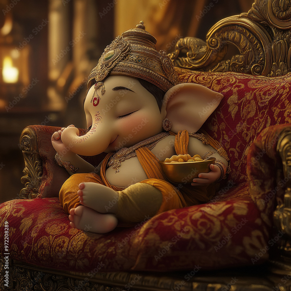 baby lord ganesh sleeping on sofa, holding bowl of modak in his left ...