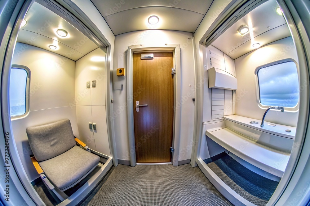 An up close view of the lavatory door in an uninhabited cabin of an ...