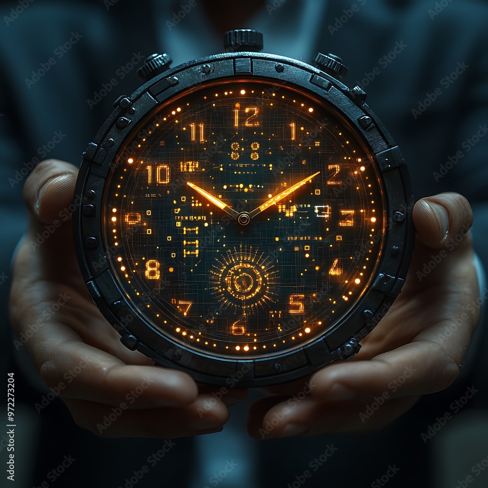 businessman holding a digital clock, holographic productivity tools ...
