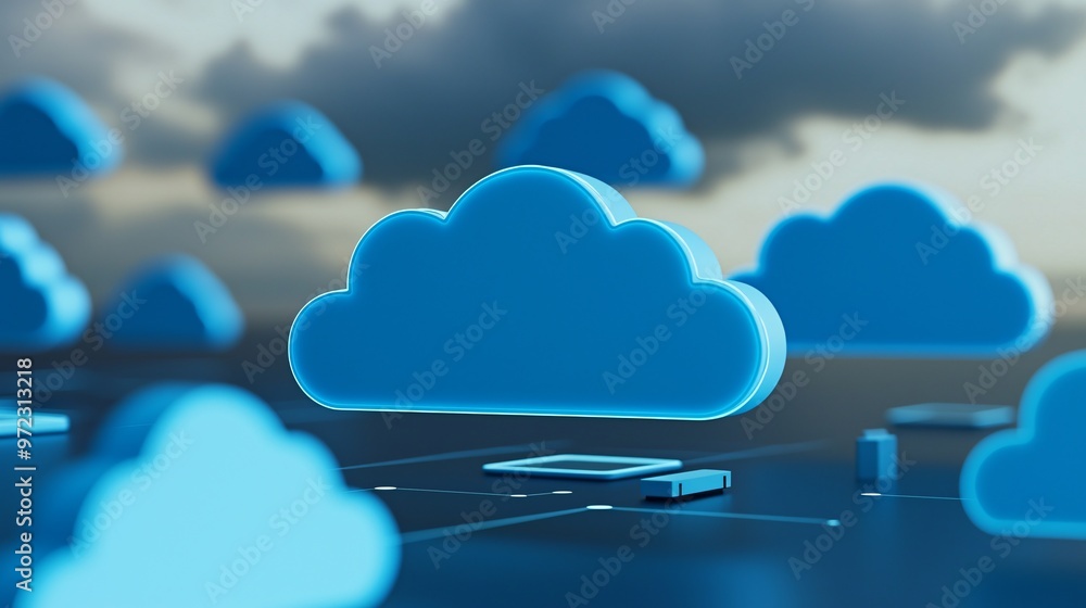 Blue cloud storage icons floating in a digital landscape glowing as ...