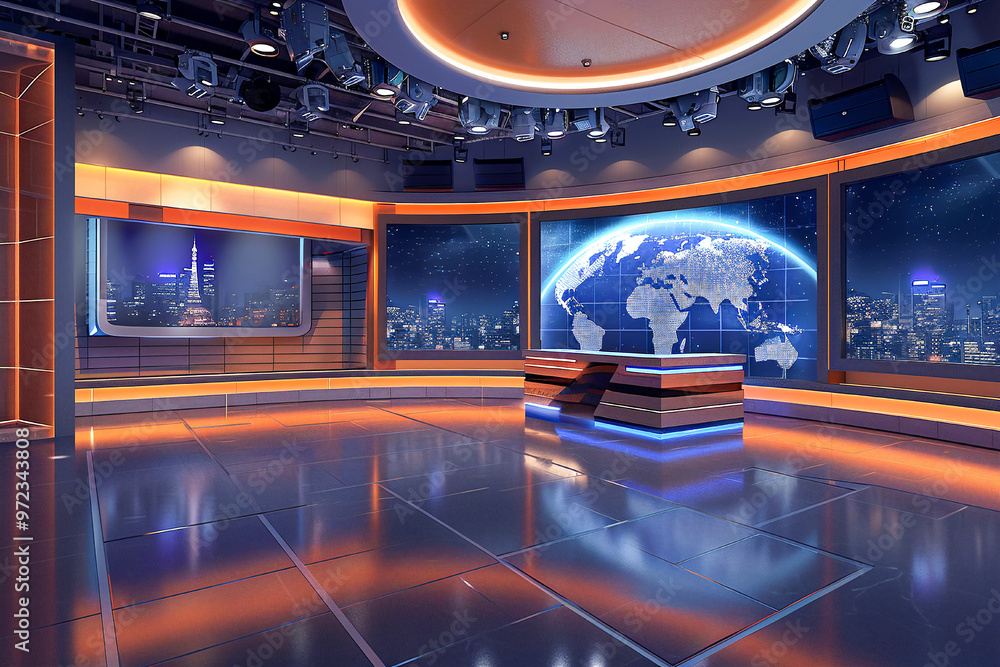Modern news studio with a digital globe on screens, designed for live ...
