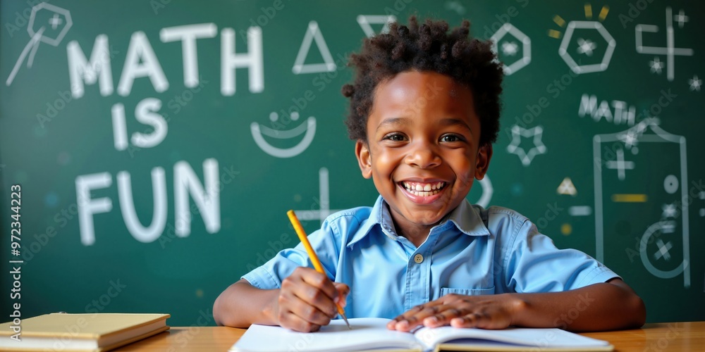 Excited African American Schoolboy Learning Math in Classroom with ...