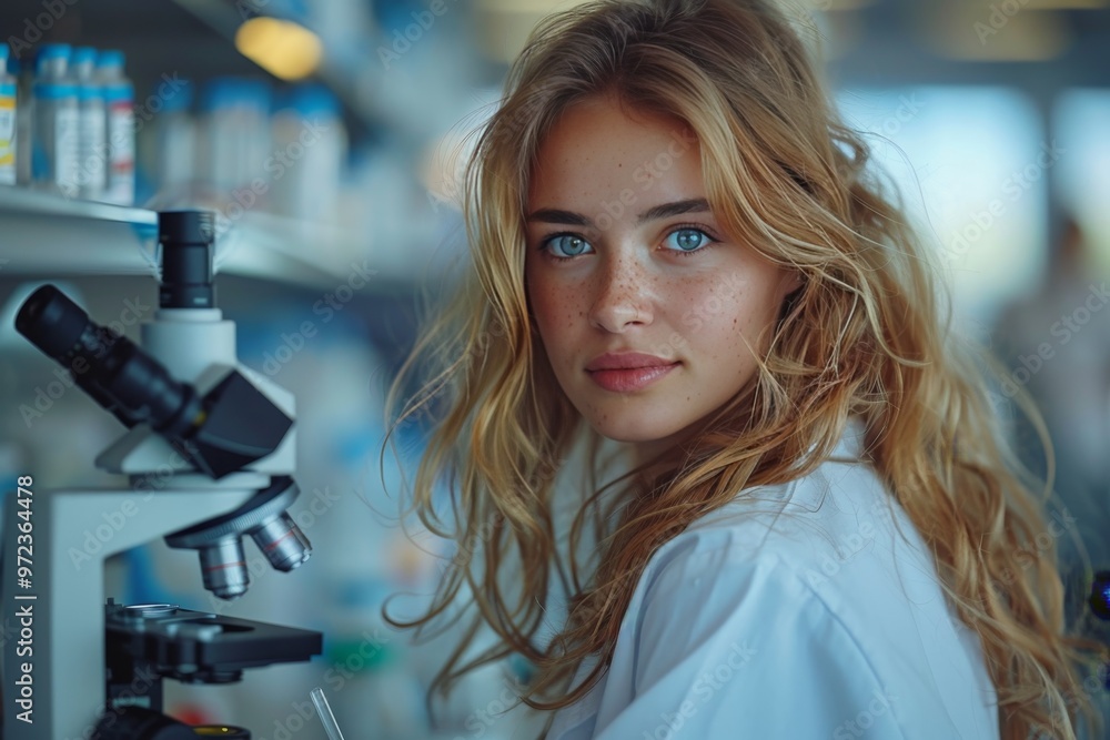 Nurse conducting lab tests with microscope and test tube in a modern ...