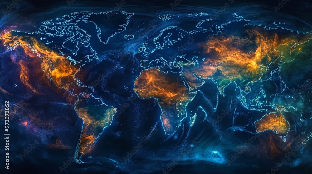 Detailed heatmap of global weather patterns, with swirling colors ...