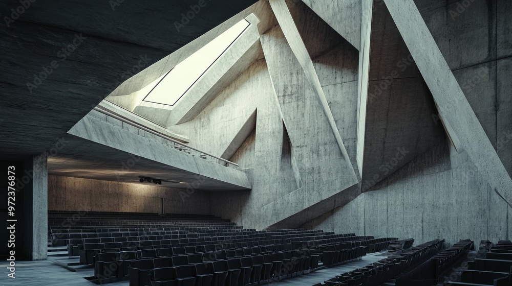 Cold, empty brutalist theater with exposed concrete balconies and stark ...