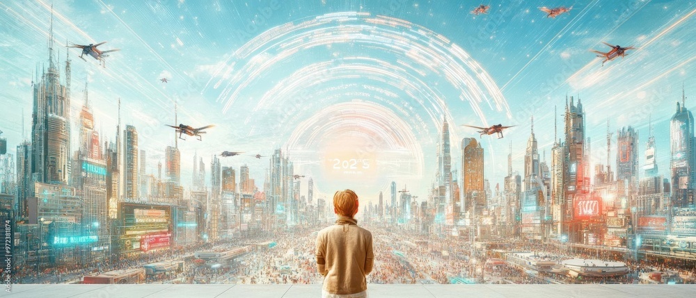 A futuristic countdown event with a massive digital clock, drones ...