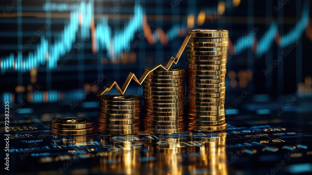 Stacked gold coins forming a bar chart with rising arrow, futuristic ...