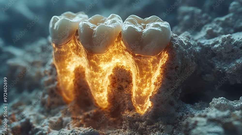 Futuristic dental concept showcasing glowing teeth amidst vibrant coral ...