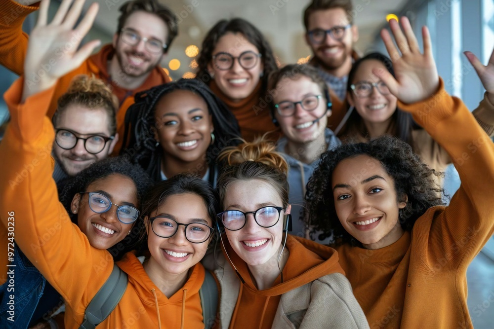Group of beautiful people waving goodbye with big smiles on their faces ...